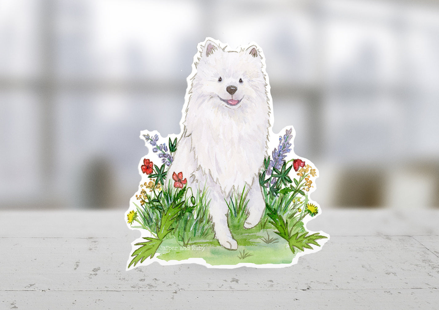 American Eskimo Vinyl Sticker, Eskie Car decal – Jasper and Ruby Art